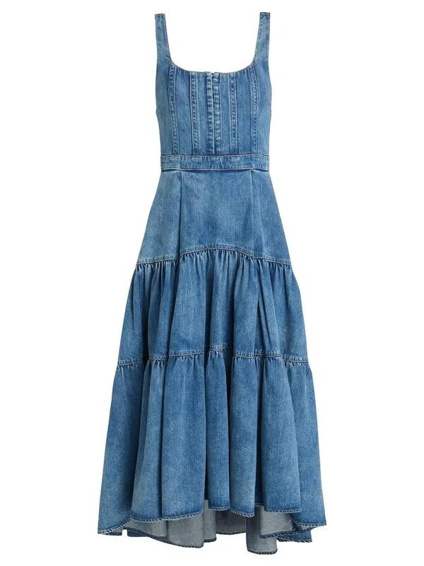Alice + Olivia Diana Tiered Denim Midi Dress - Mid Denim