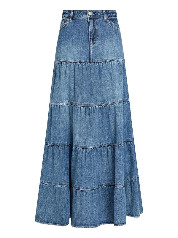 Alice + Olivia Mindy Tiered Denim Maxi Skirt - Mid Denim