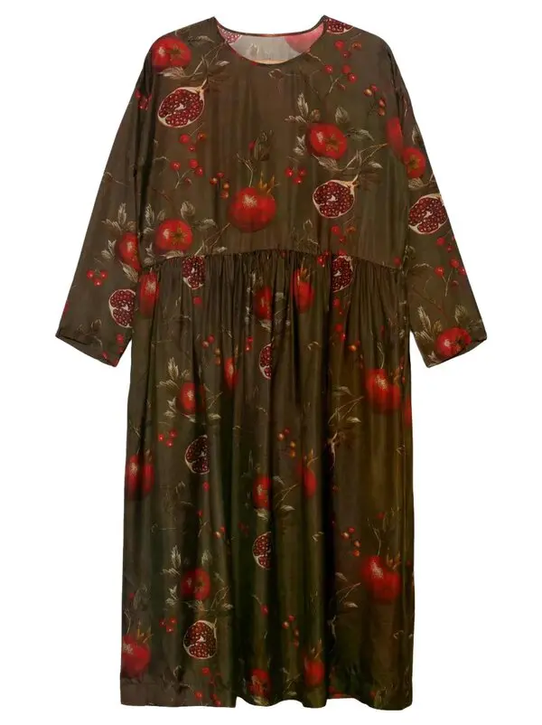 UMA WANG Pomegranate-print Gathered Midi Dress - Brown