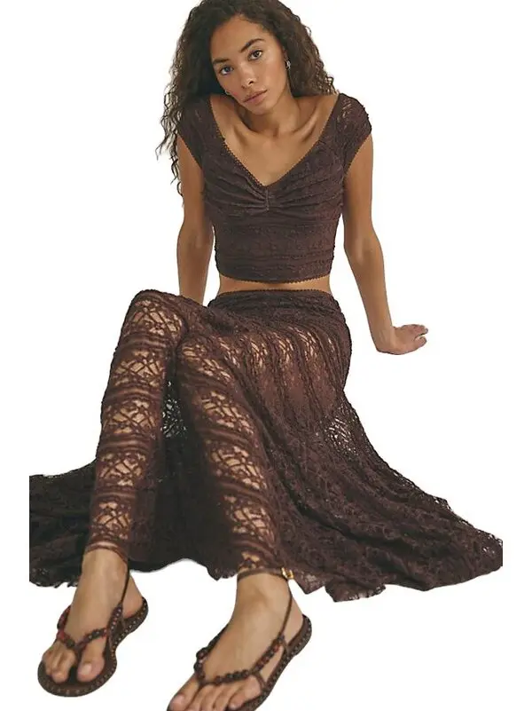 Free People Lace Set With Cropped Top And Maxi Skirt - Mochaccino