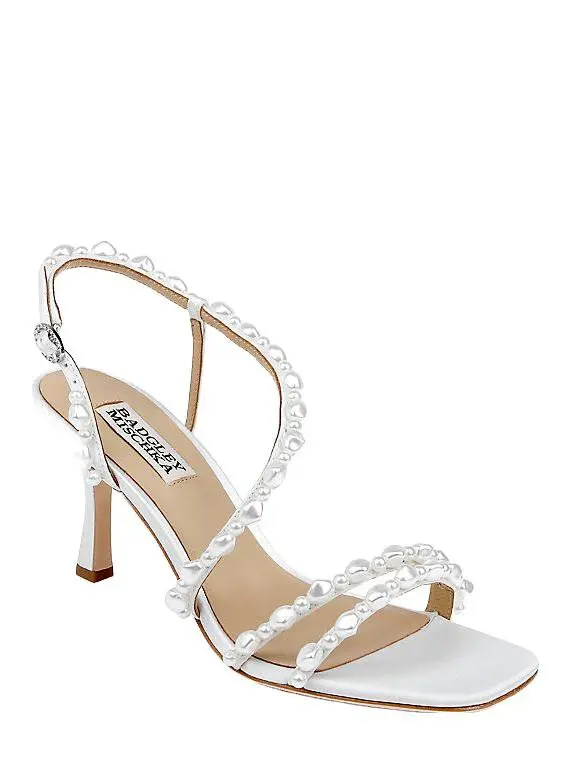 Badgley Mischka Gretta Pearl Strappy Mid Heel Sandals - White