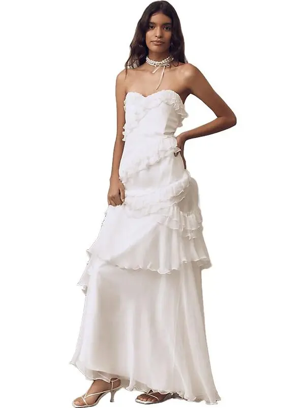 AMUR Harrison Strapless Silk Ruffle Gown - Ivory