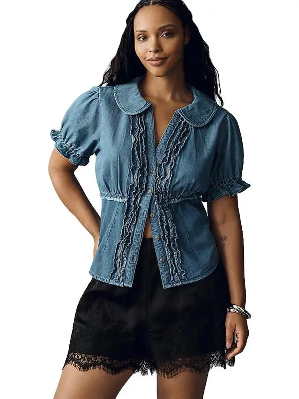 PILCRO Keira Denim Waisted Blouse - Light Denim