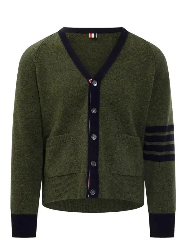 Thom Browne Wool Cardigan With Striped Detail - Green