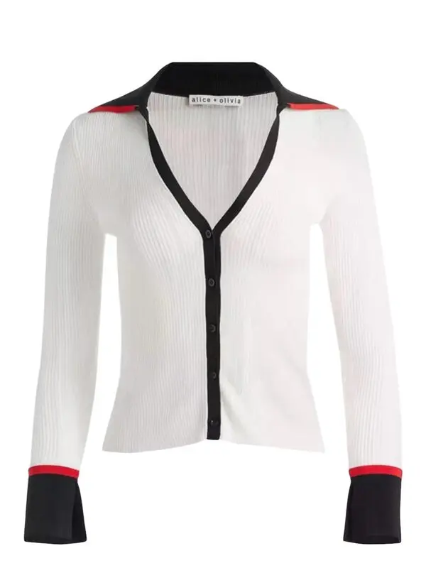 Alice + Olivia Ribbed-knit Cardigan With Contrast Collar - White