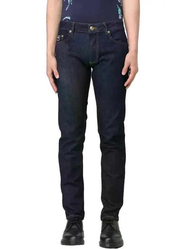 Versace Five-pocket Jeans With Logo Patch - Blue