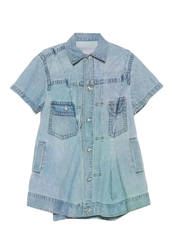 Sacai Pleated Denim Mini Shirt Dress - Blue