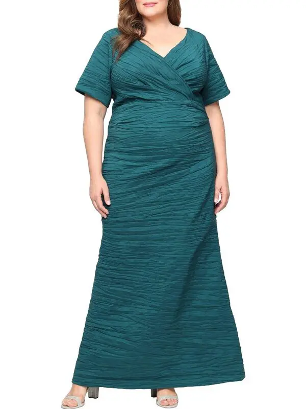 Alex Evenings Crinkle Stretch Taffeta Gown - Emerald Green