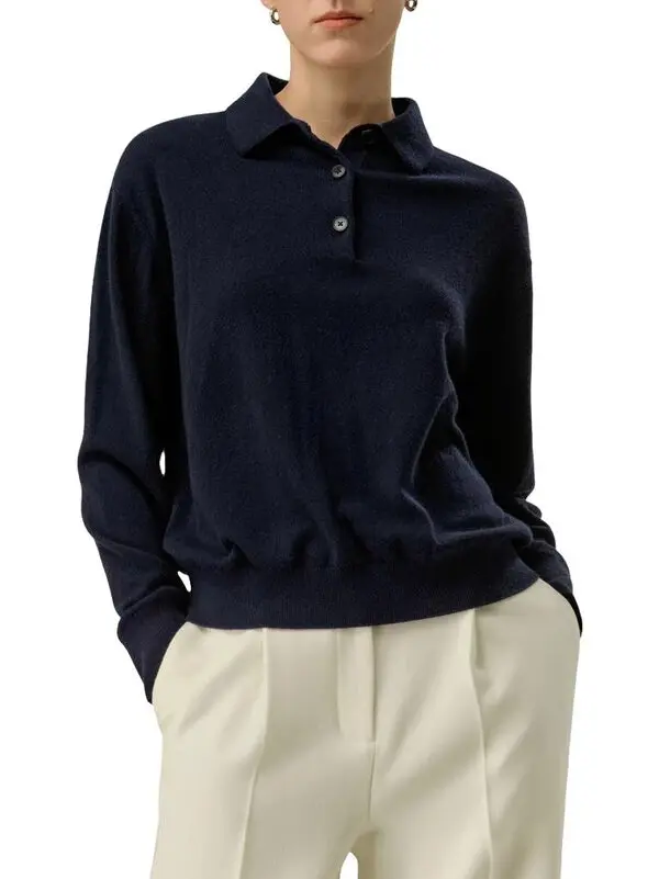 Lilysilk Baby Cashmere Long-sleeve Polo Shirt - Navy Blue