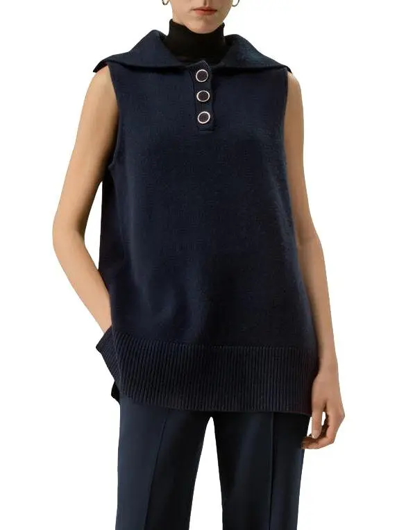 Lilysilk Sleeveless Wool And Cashmere Sailor Collar Sweater - Navy Blue