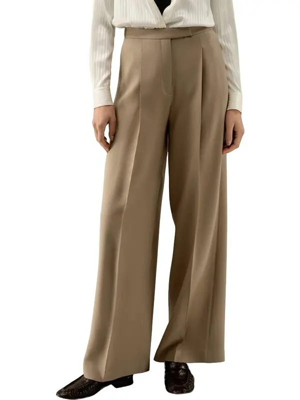 Lilysilk Silk-wool Pleated Wide-leg Trousers - Khaki