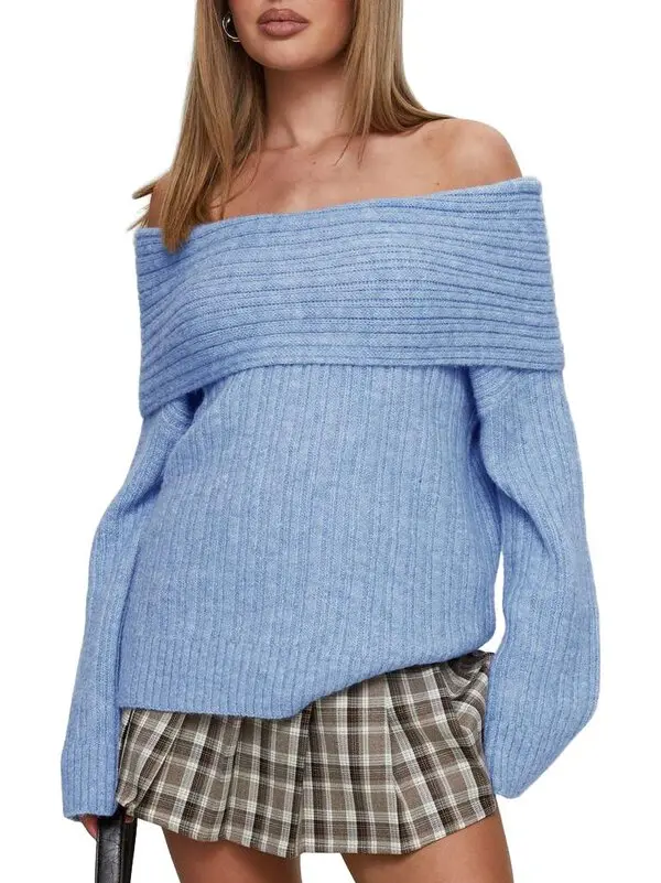 Princess Polly Off-the-shoulder Sweater - Blue