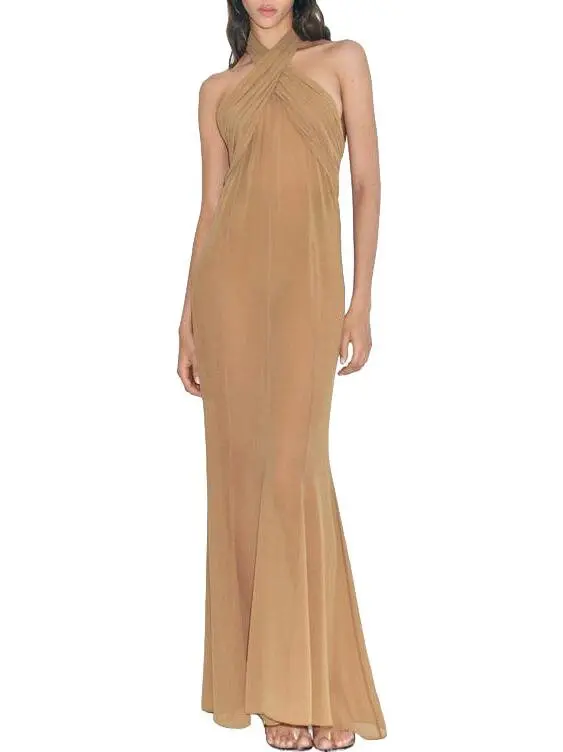 Mango Mesh Halter Gown - Medium Beige