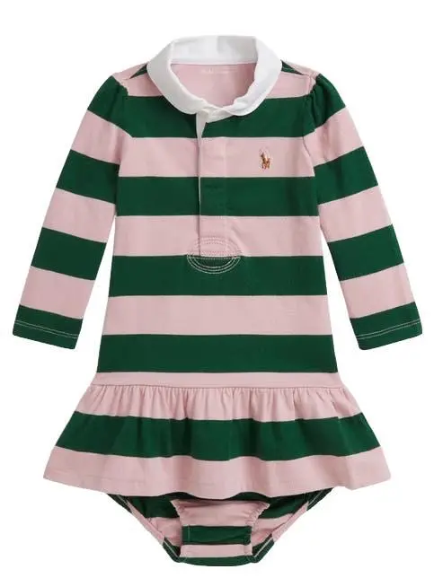 Ralph Lauren Rugby Stripe Jersey Dress & Bloomers Set - Surfside Rose/kelly Green