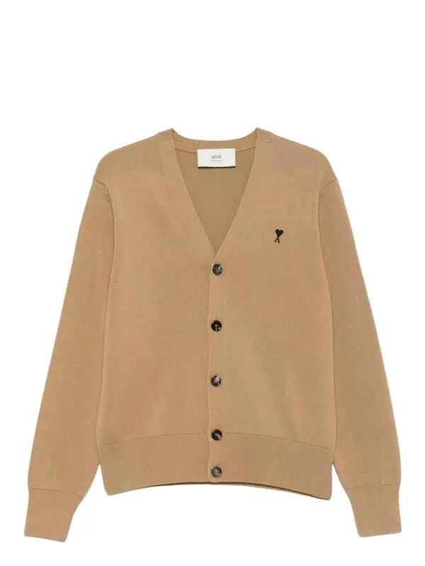 AMI Paris Button-front Cardigan With Embroidered Logo - Neutrals