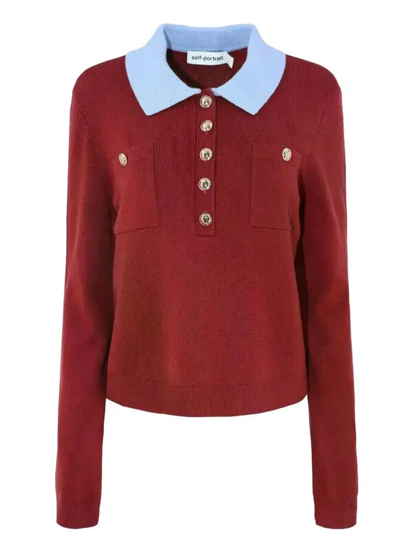 SELF-PORTRAIT Patch-pockets Knitted Polo Top - Red