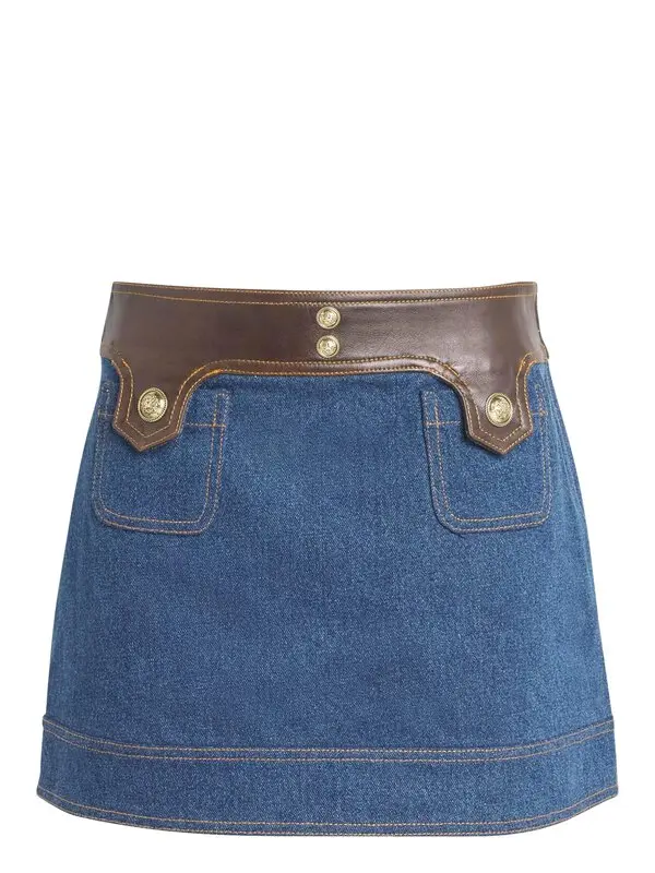 Sandro Denim Skirt With Leather Trim - Blue