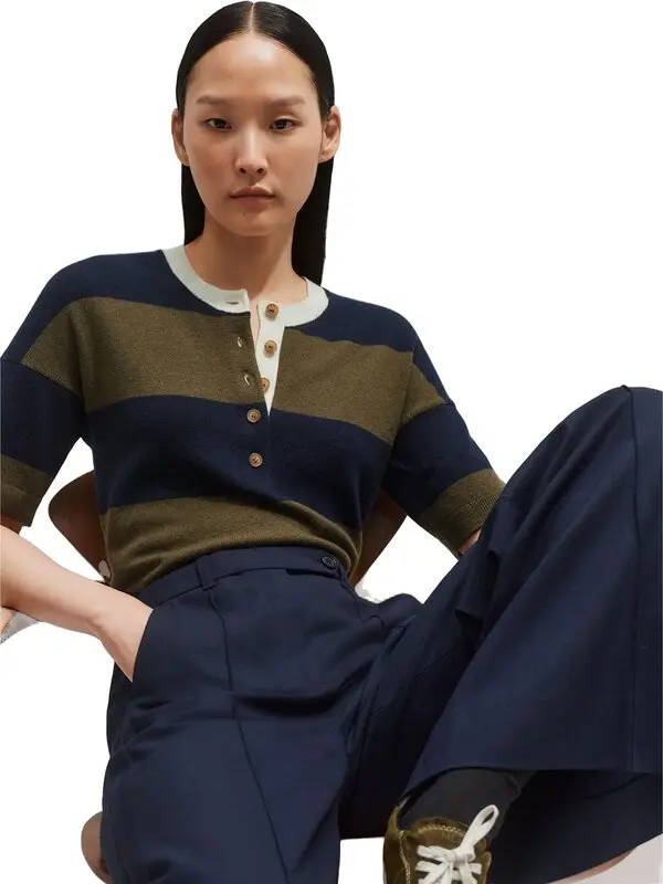 ME+EM Relaxed Stripe Knit Henley Tee - Navy/olive