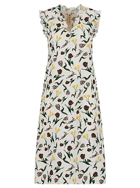 Marni Floral And Hare-print Ruffled-trim Satin Midi Dress - Thw04