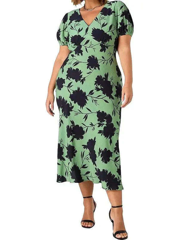 LIVE UNLIMITED Floral Print Puff Sleeve Midi Dress - Bright Green