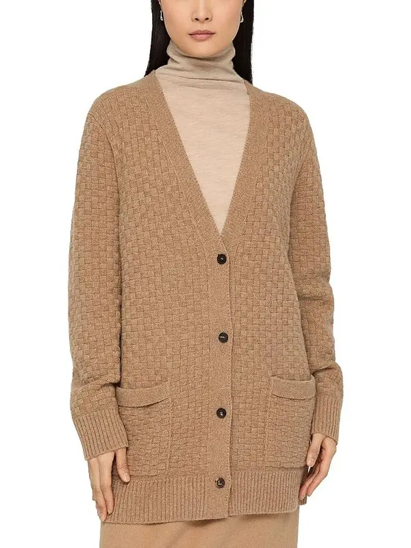 Lafayette 148 New York Basket Stitch Cashmere V-neck Cardigan Sweater - Cammello Melange