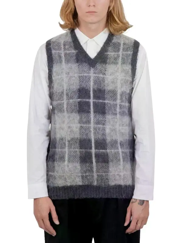 BEAMS V-neck Checked Vest - Blue