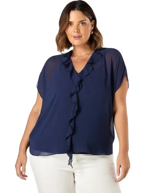 LIVE UNLIMITED Chiffon Ruffle Short Sleeve Blouse - Navy