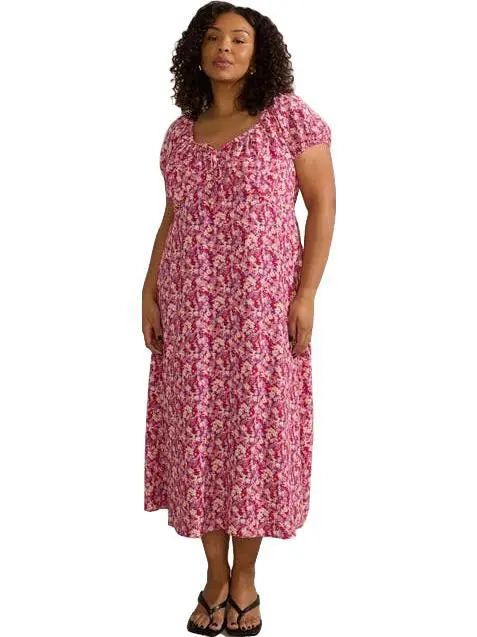 LIVE UNLIMITED Floral Gathered Neck Midi Dress - Pink