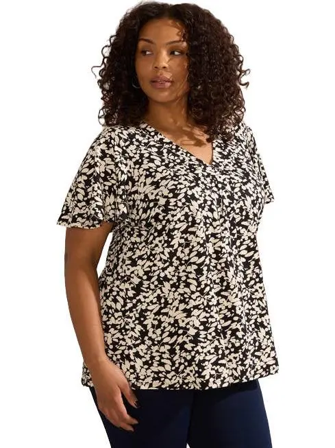 LIVE UNLIMITED Floral Print Pleat Front Top - Black