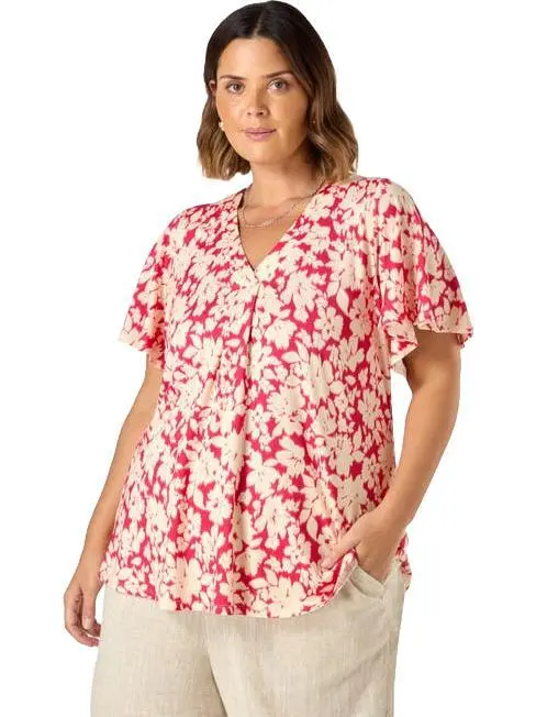 LIVE UNLIMITED Floral Print Pleat Front Top - Pink