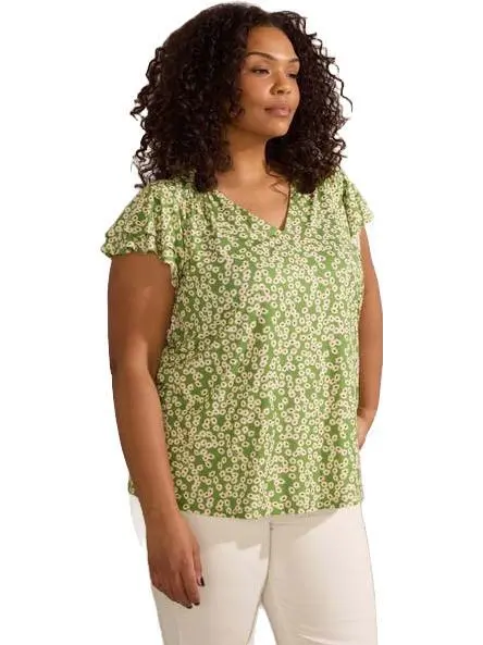 LIVE UNLIMITED Ditsy Jersey Flutter Sleeve Top - Green