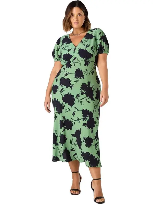 LIVE UNLIMITED Floral Print Twist Front Midi Dress - Green