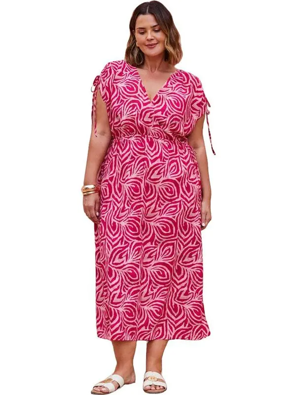 LIVE UNLIMITED Abstract Print Gathered Midi Dress - Pink