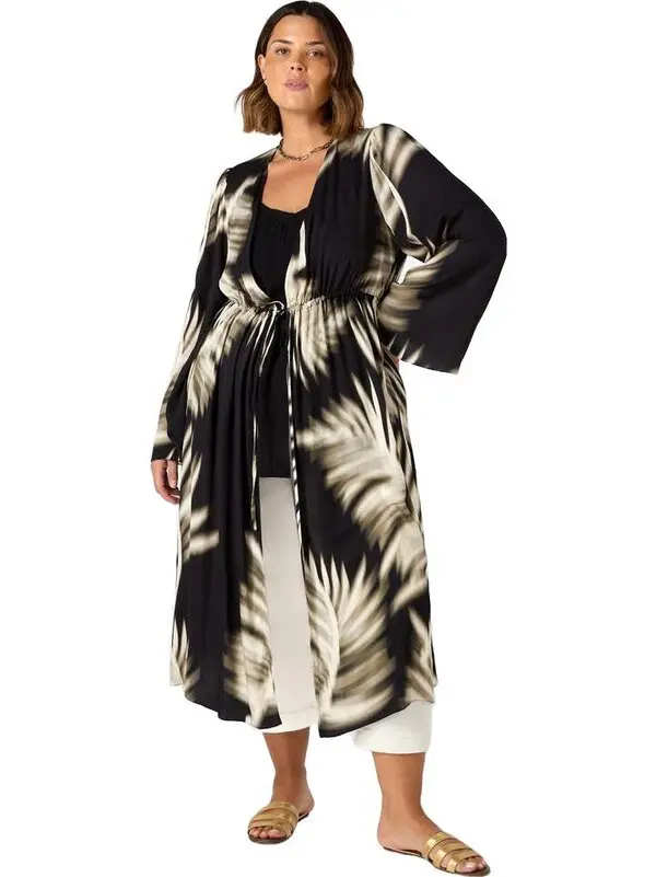 LIVE UNLIMITED Leaf Print Drawstring Kimono - Mono