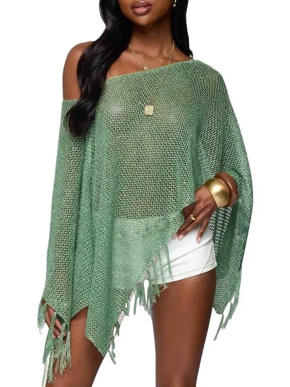 EDIKTED Sequin Fringe Knit Poncho - Green