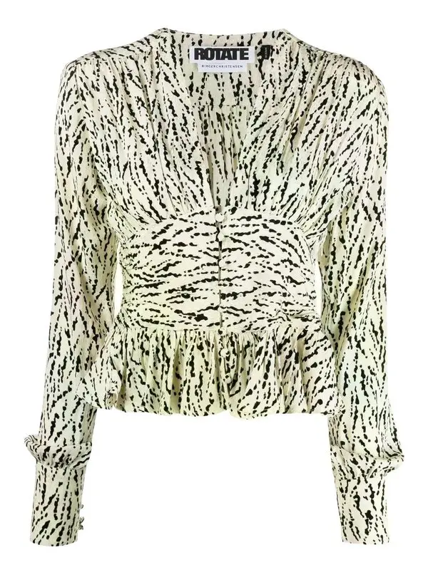ROTATE BY BIRGER CHRISTENSEN Printed Long-sleeved Flared Blouse - Neutrals