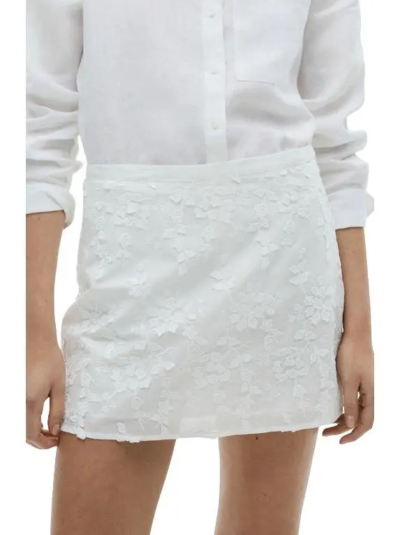 Mango Floral Embroidered Cotton Miniskirt - White