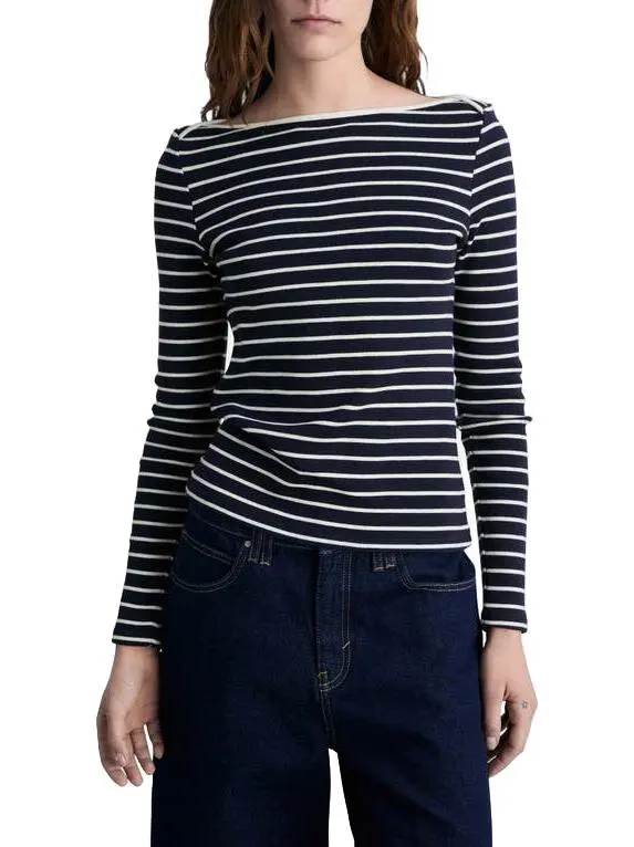 Mango Stripe Boat Neck Top - Dark Navy