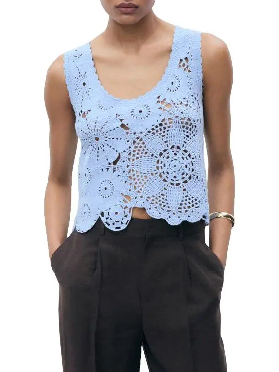 Mango Floral Crochet Sleeveless Top - Sky Blue