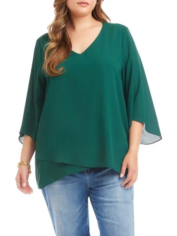 Karen Kane Asymmetric Crepe Top With Three-quarter Sleeves - Forest Green
