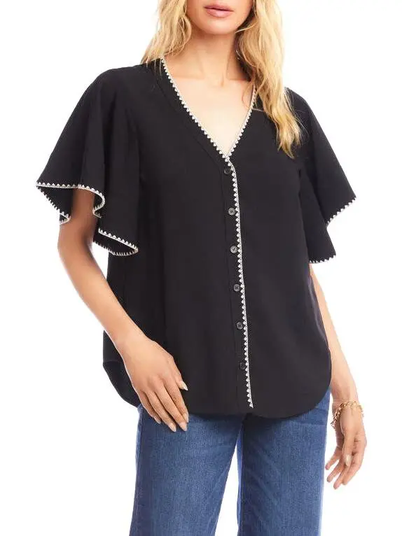 Karen Kane Edge Stitch Flutter Sleeve Top - Black/cream