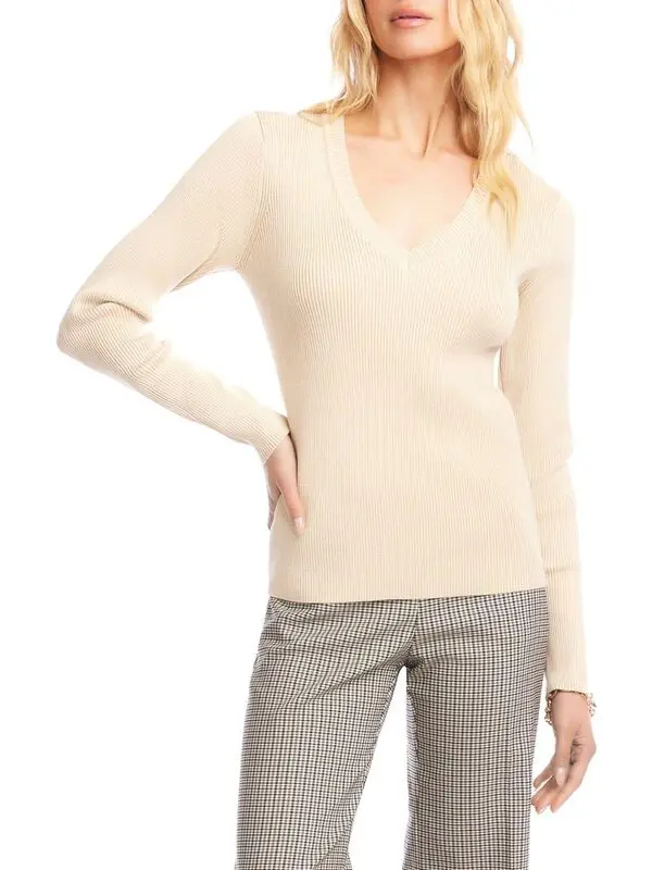 Karen Kane Ribbed V-neck Sweater - Antique Cream Beige
