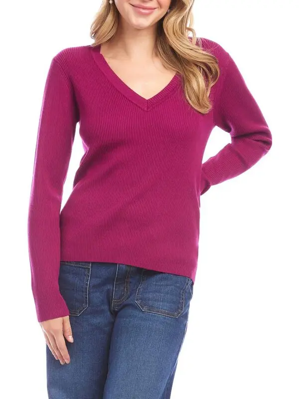 Karen Kane Ribbed V-neck Sweater - Magenta Pink