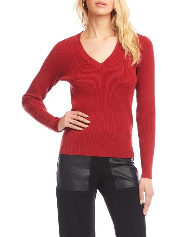Karen Kane Ribbed V-neck Sweater - Tomato Red
