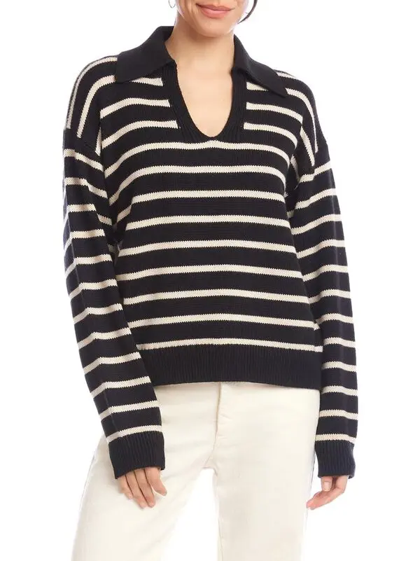 Karen Kane Striped Polo Sweater - Black Ecru