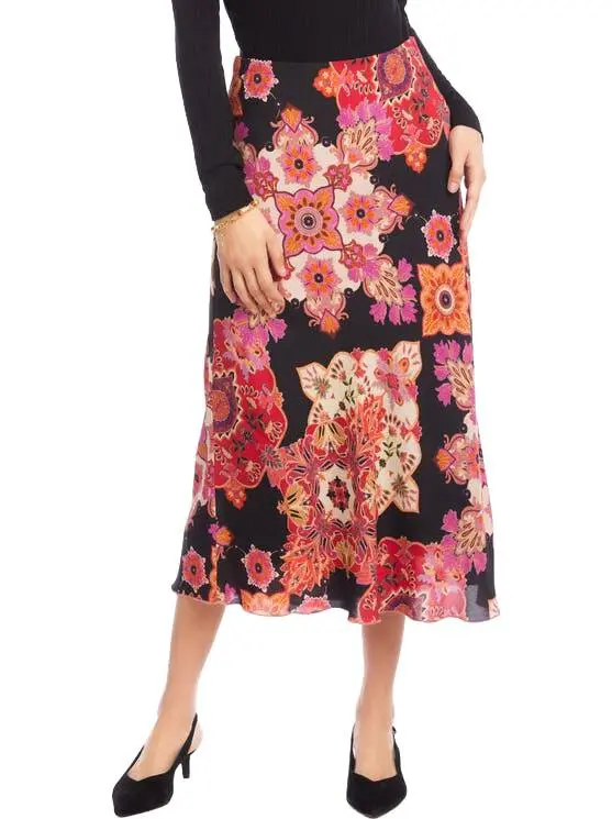 Karen Kane Medallion Floral Print Bias Cut Midi Skirt - Pink Print
