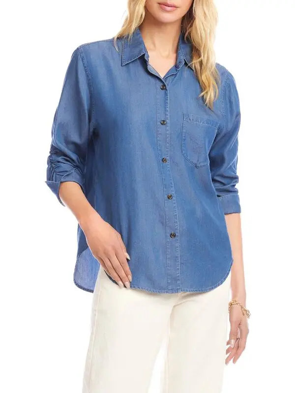 Karen Kane Ruched Sleeve Button-up Shirt - Chambray Blue