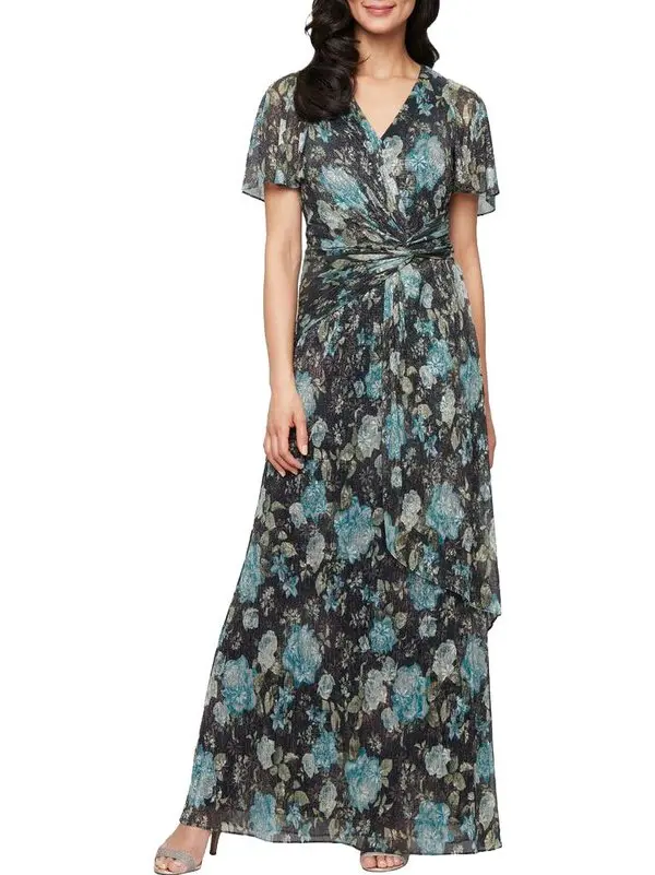 SL FASHIONS Knot Front Flutter Sleeve Gown - Navy Multi