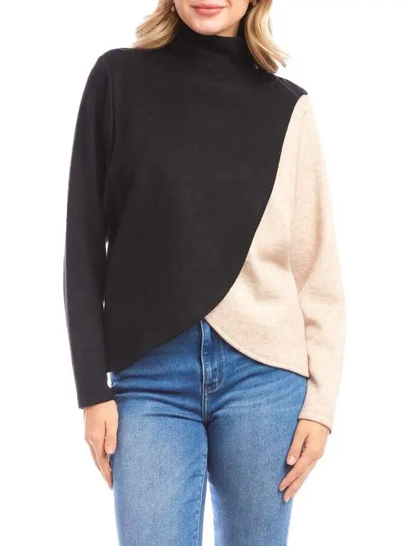 Karen Kane Colorblock Turtleneck Asymmetric Top - Black/oatmeal
