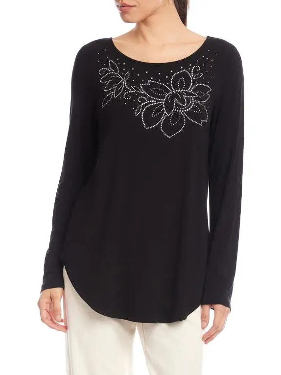 Karen Kane Embellished Floral Shirttail Top - Black